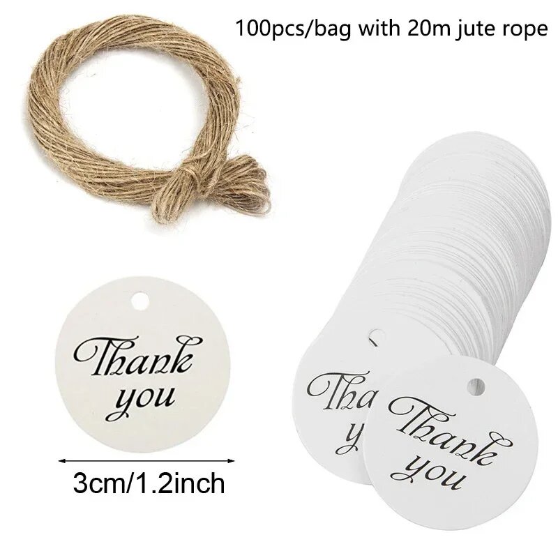 Круглые подарочные бирки "Thank you" 100 шт. с джутовой веревкой, Round 13