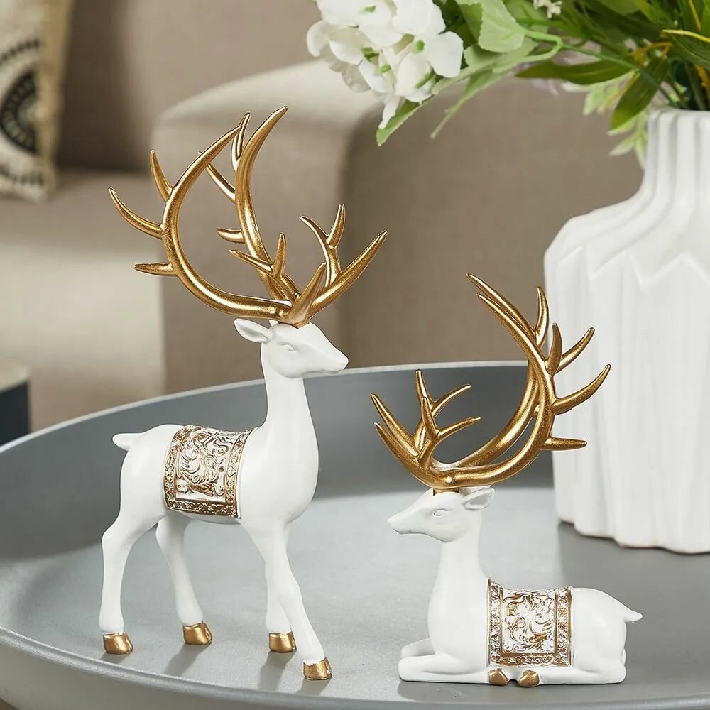 Статуэтки оленя. Рождественский декор. Новогодние олени, 2 шт, белый/бронза