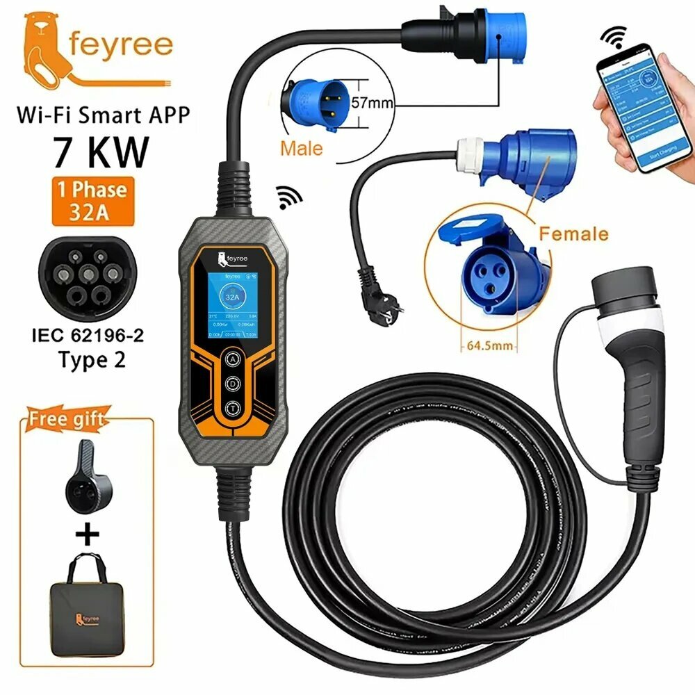 Feyree Portable EV Charger Type2 32A 7KW 5m Есть переходник EVSE Wi-Fi APP Control Adjustable Current Smart Timing Charging for Hom Outdoor Use