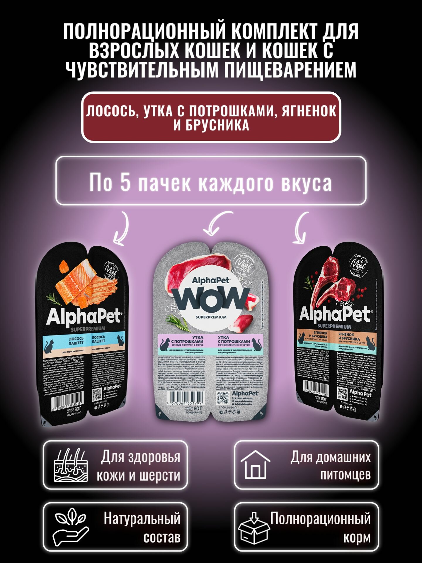 AlphaPet Superpremium / Комплект для взрослых кошек и котов и кошек с чувствительным пищеварением, 3 вкуса (Лосось, Ягнёнок, Утка), 15 шт