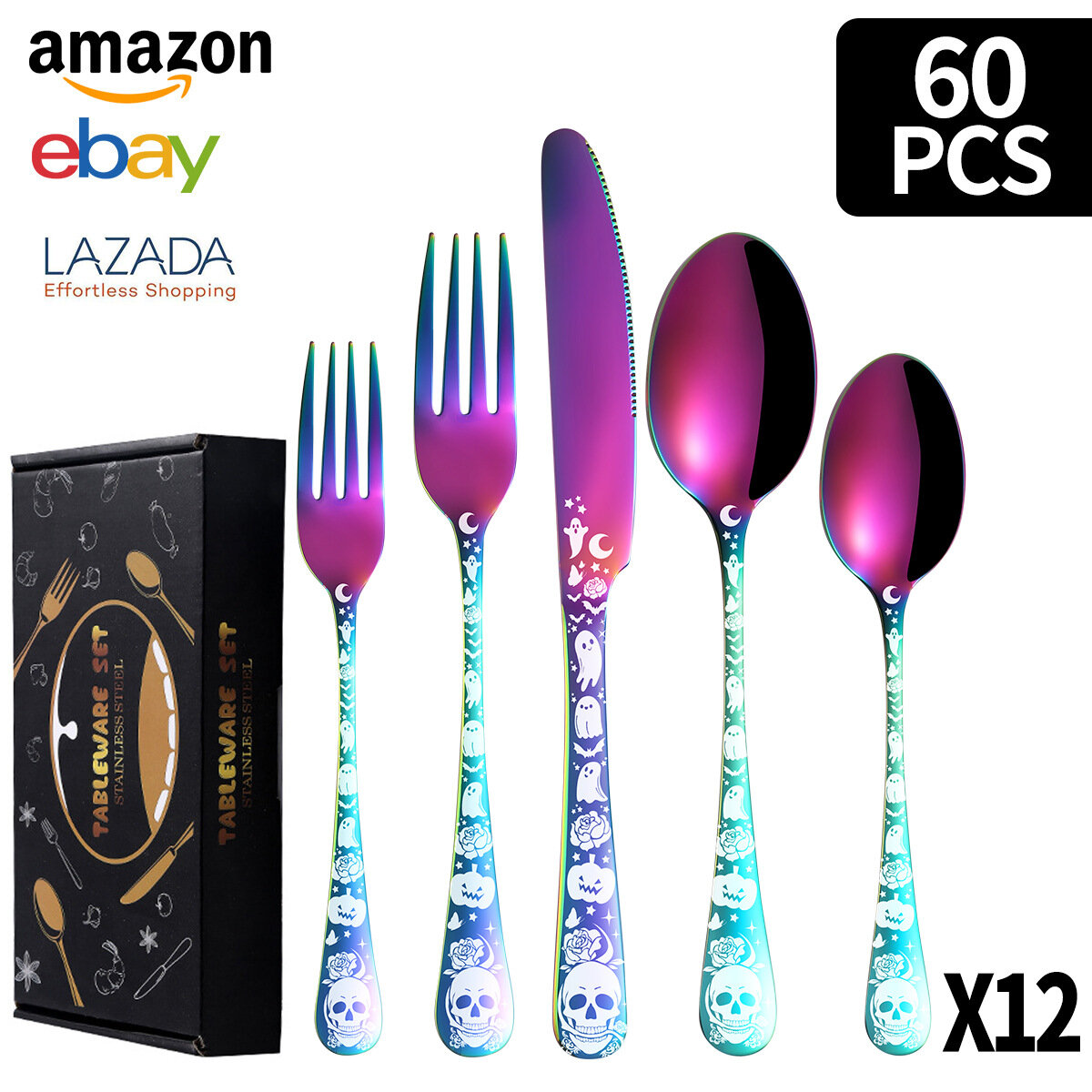 Самый продаваемый на Amazon набор столовых приборов из нержавеющей стали в форме черепа, набор столовых приборов в западном стиле с узором на Хэллоуин для отелей.