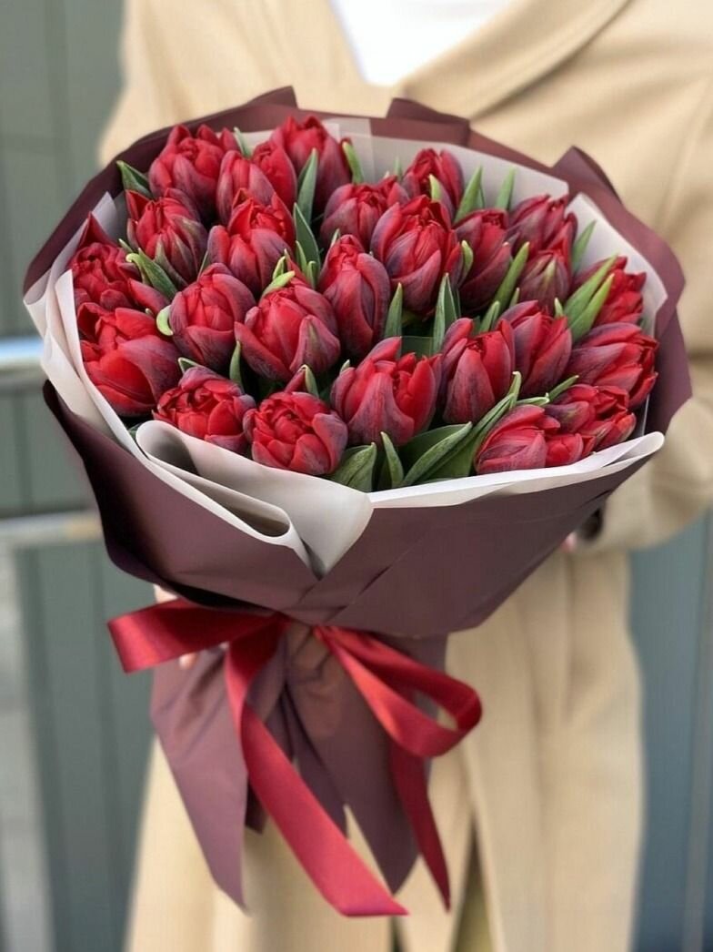 25 пионовидных красных тюльпанов