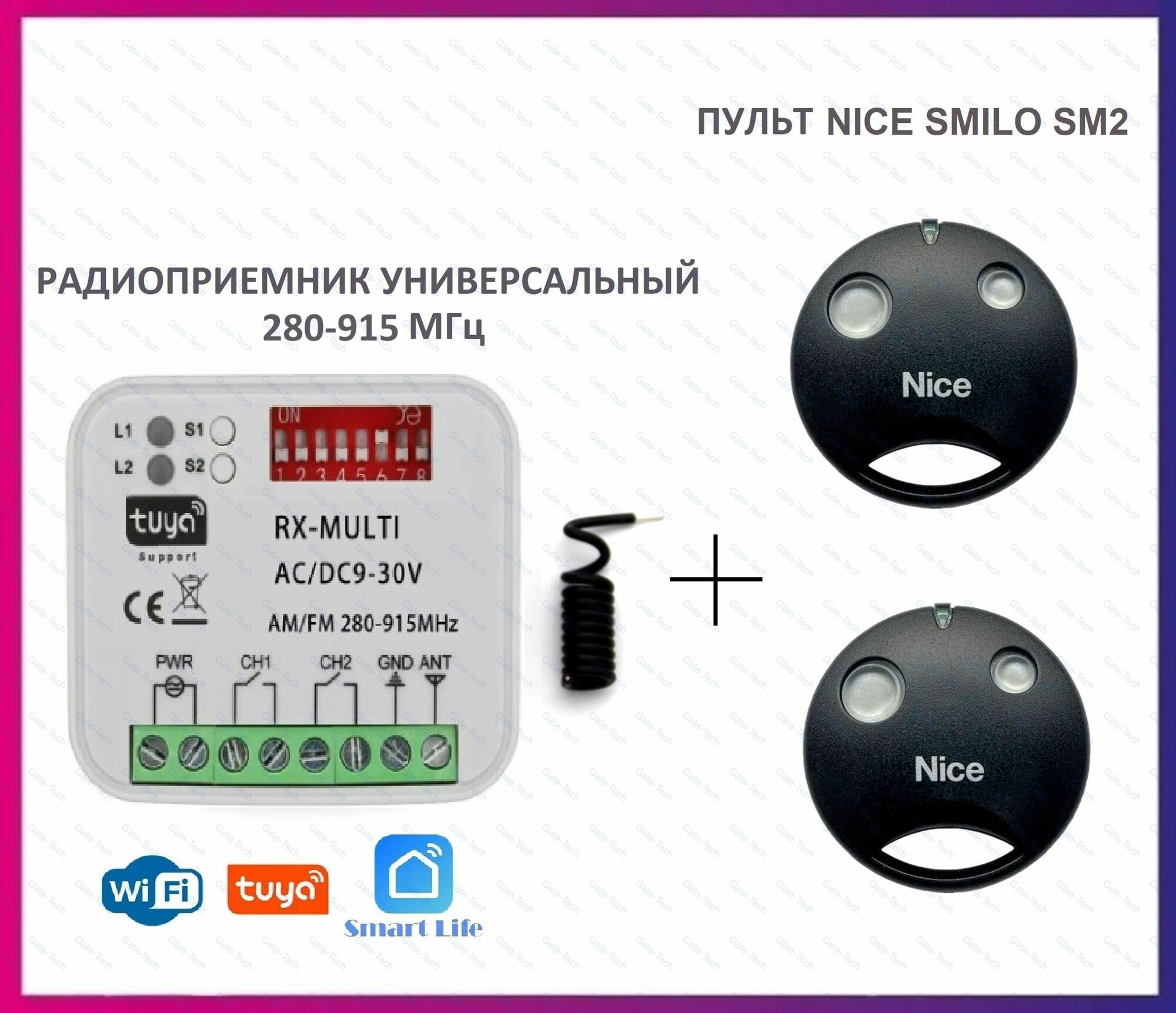 Радиоприемник внешний универсальный 2-х канальный для ворот и шлагбаумов RX-MULTI Wi-Fi Tuya Smart 300-868MHz AC/DC9-30v (мультичастотный) + 2 пульта Nice Smilo SM2