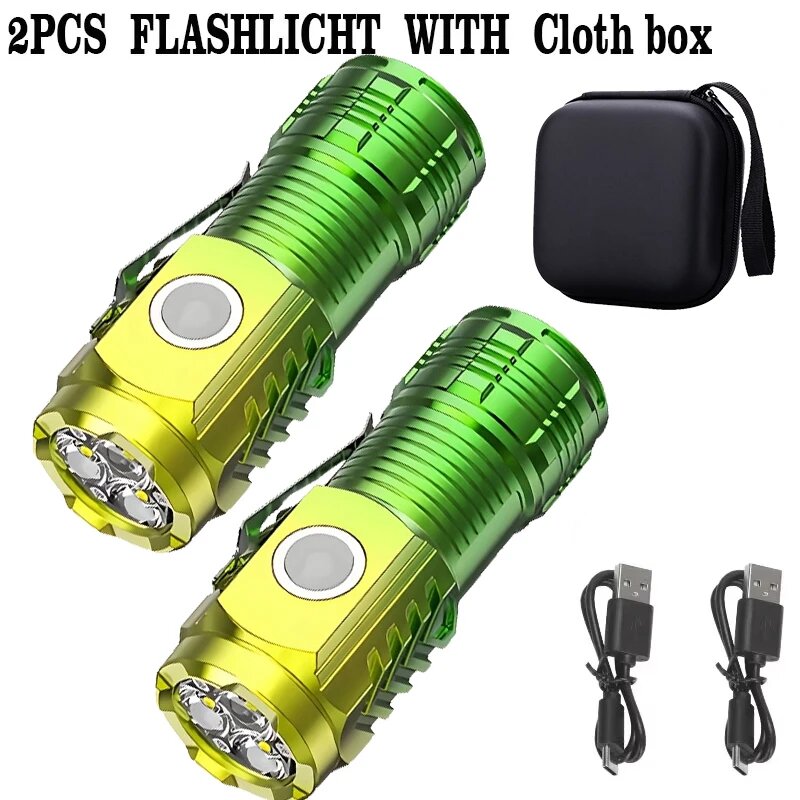 2шт Фонарик USB перезаряжаемый, зеленый, с чехлом
