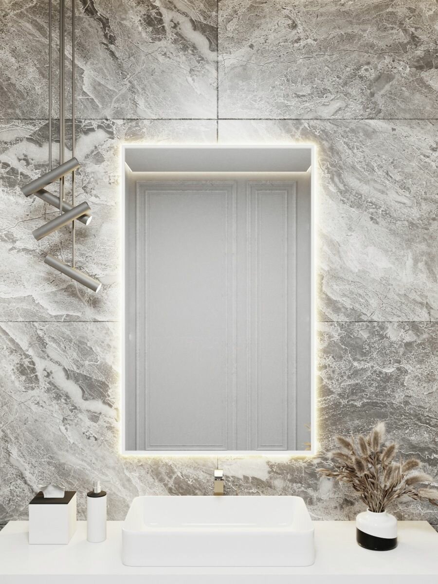 Зеркало в ванную 110х70 см. белое с подсветкой. Свет: Нейтральный белый 4500К. В алюминиевой раме настенное BLX MIRROR