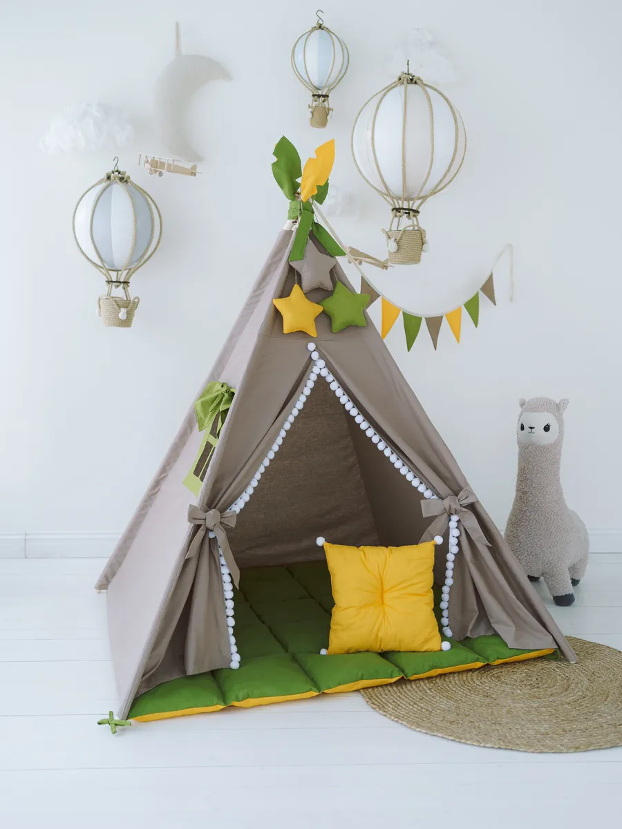 Вигвам детский с ковриком, окошком , подушкой и антискладывателем коричневый, зеленый, желтый