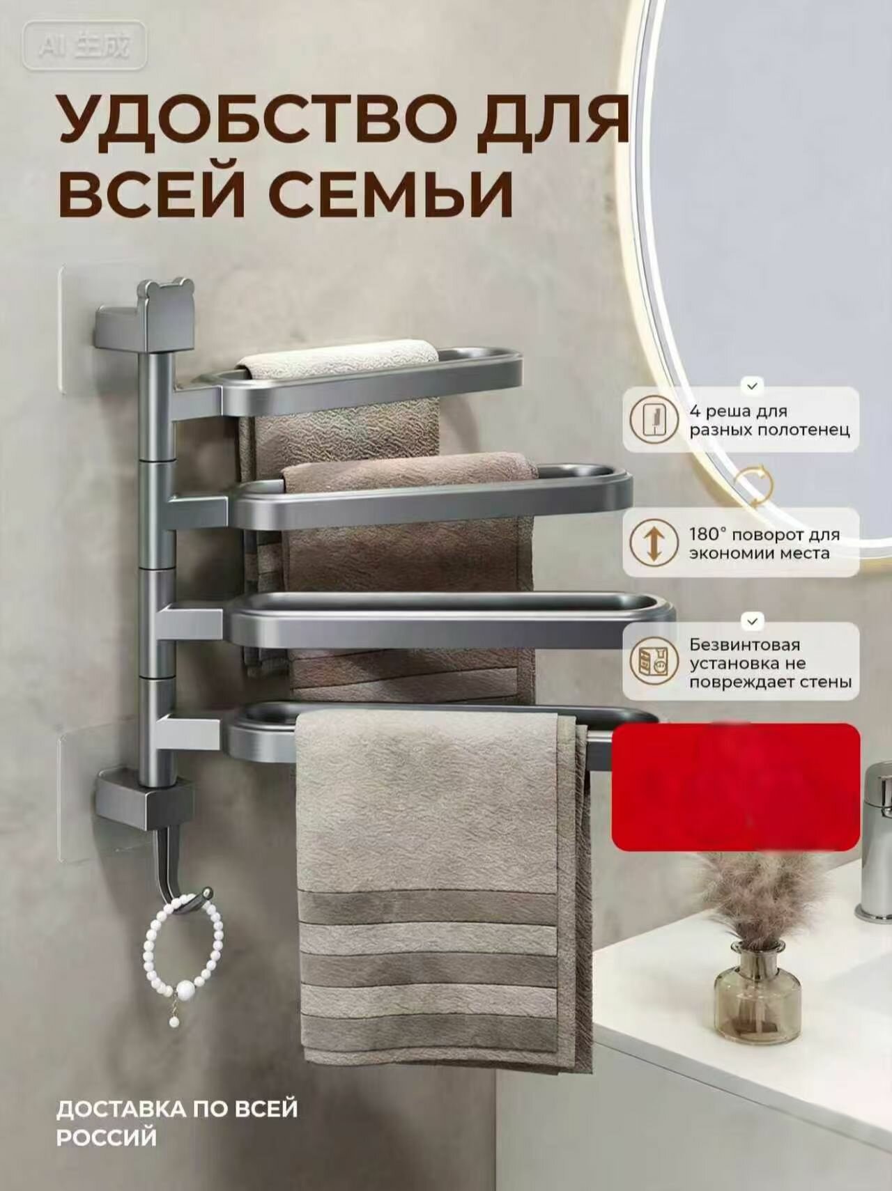 Вешалка для полотенец без проколов, вращающаяся, многостержневая