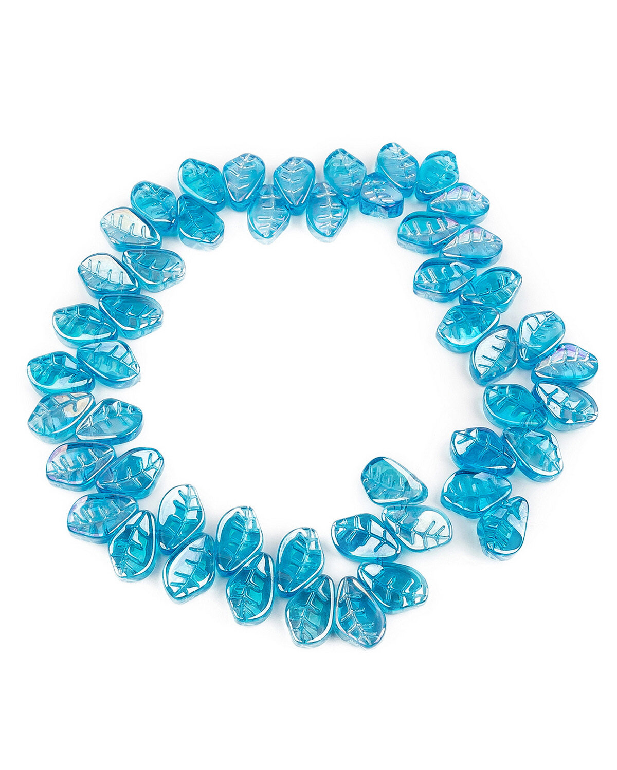 Бусины стеклянные, прозрачные, в форме листиков, с радужным покрытием, размер: 14х10х3,5 мм, цвет: аквамарин, длина нити: 32 см (на нити 49-50 шт)