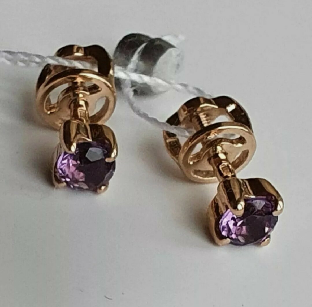 Серьги пусеты, красное золото, 585 проба, аметист