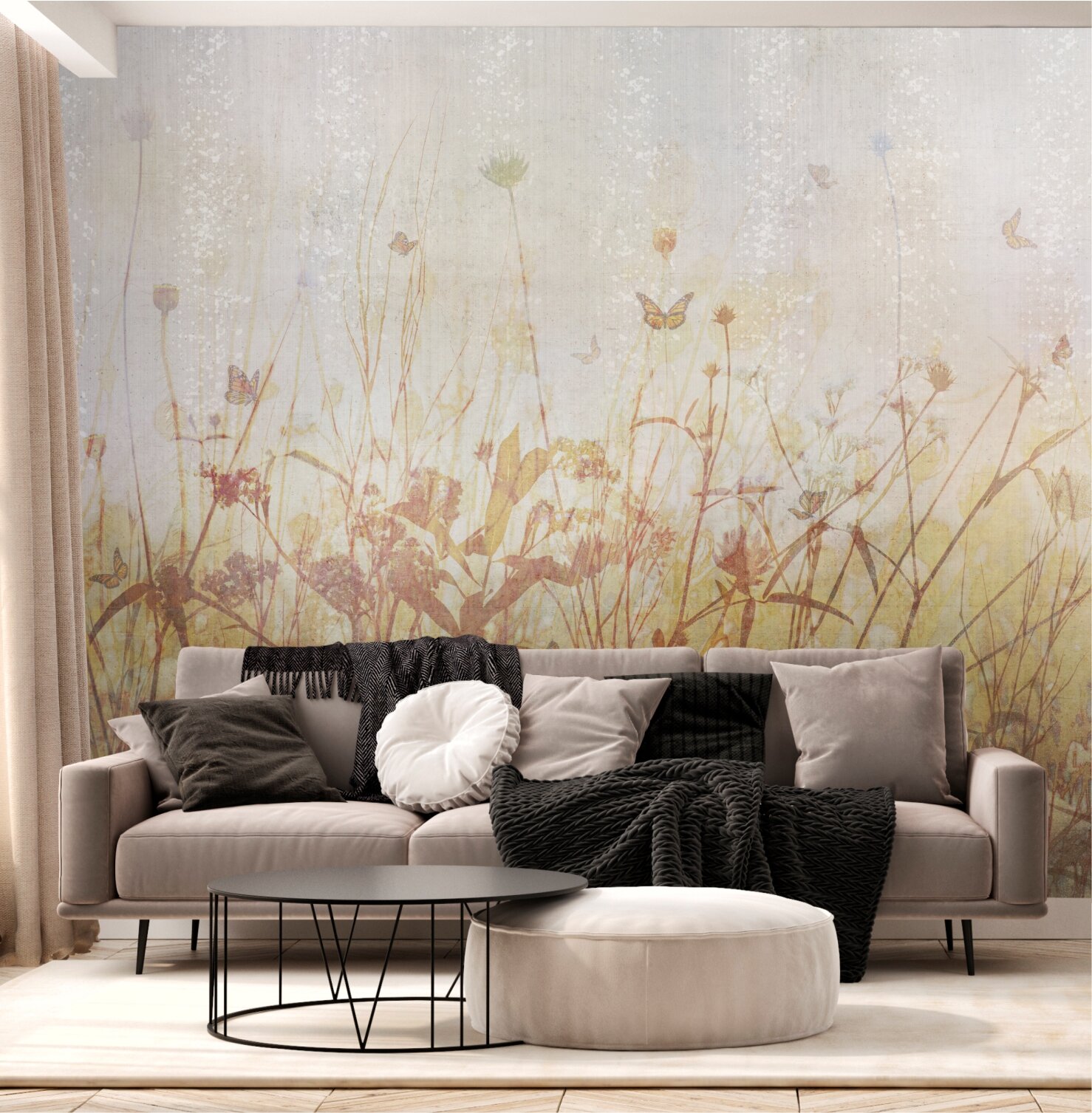 Фотообои "Цветы, листья в стиле гранж" 300*260 см для кухни, гостиной, спальни