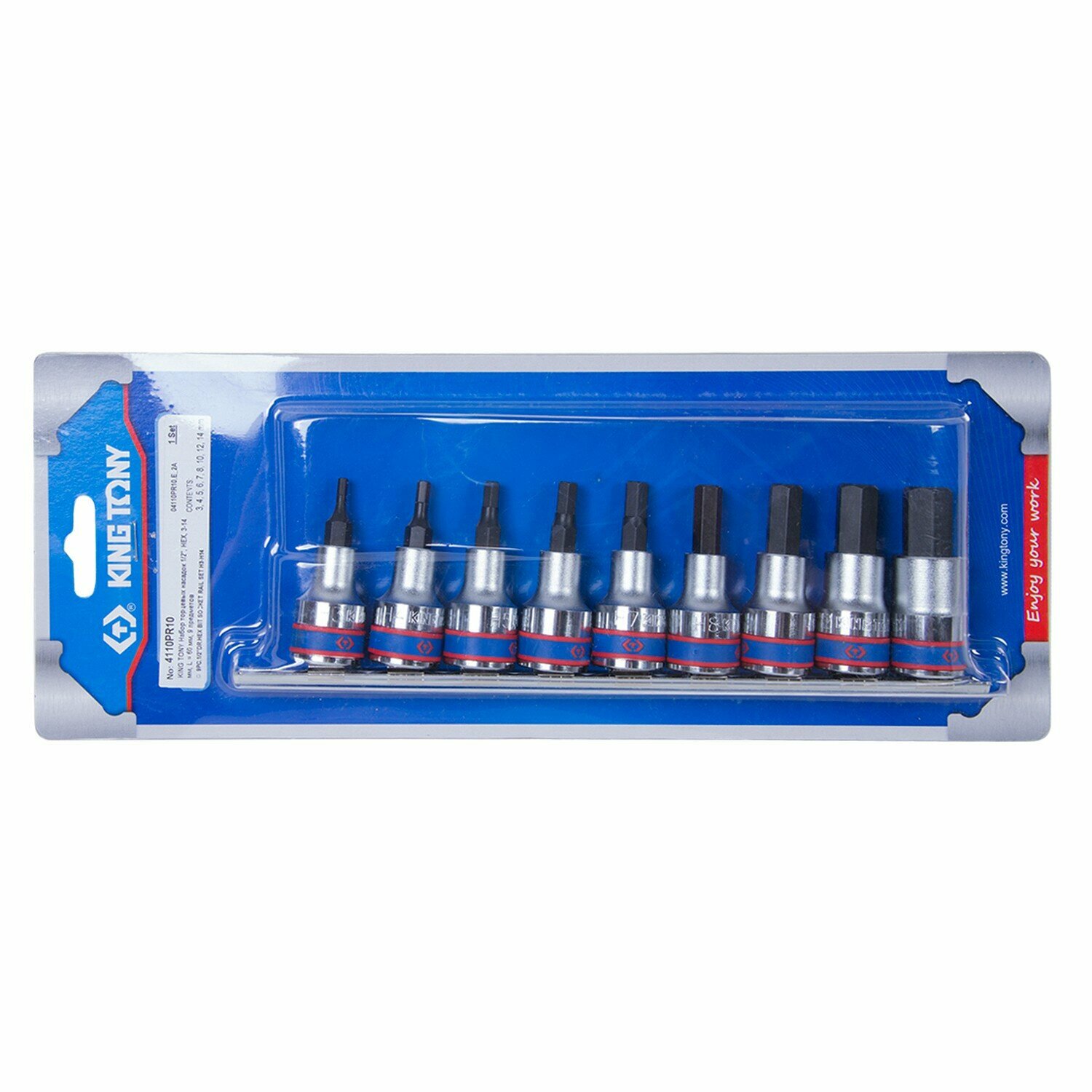 Набор торцевых насадок 1/2", HEX, 3-14 мм, L = 60 мм, 9 предметов KING TONY 4110PR10