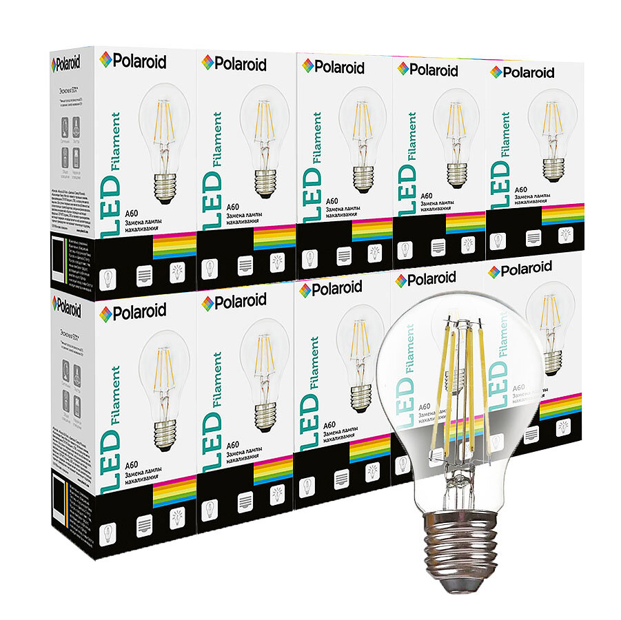 Филаментная светодиодная лампа Polaroid 220V FIL A60 8W 6500K E27 1055lm (10 шт.)