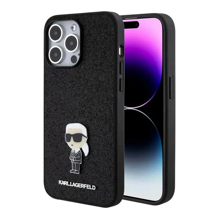 Karl Lagerfeld чехол для iPhone 15 Pro, Fixed glitters NFT Karl Ikonik Metal pin Black