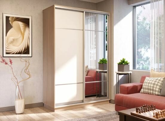 Шкаф купе для одежды Сакура 2, МФ-Купе, размер 120х45х220, цвет ясень шимо светлый/белый