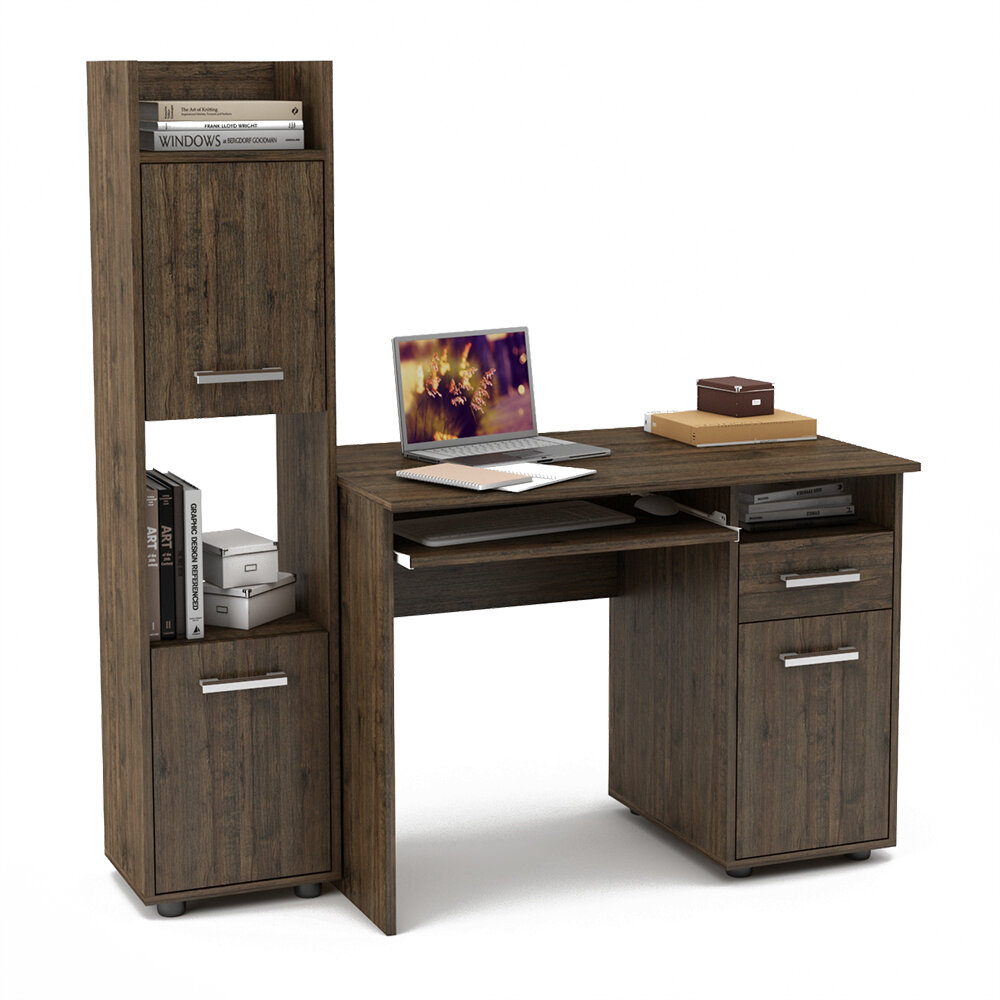 Стол письменный, компьютерный и стеллаж №1КО с тумбой и полкой для клавиатуры, 145.3х135х60 см, Дуб апрель темный