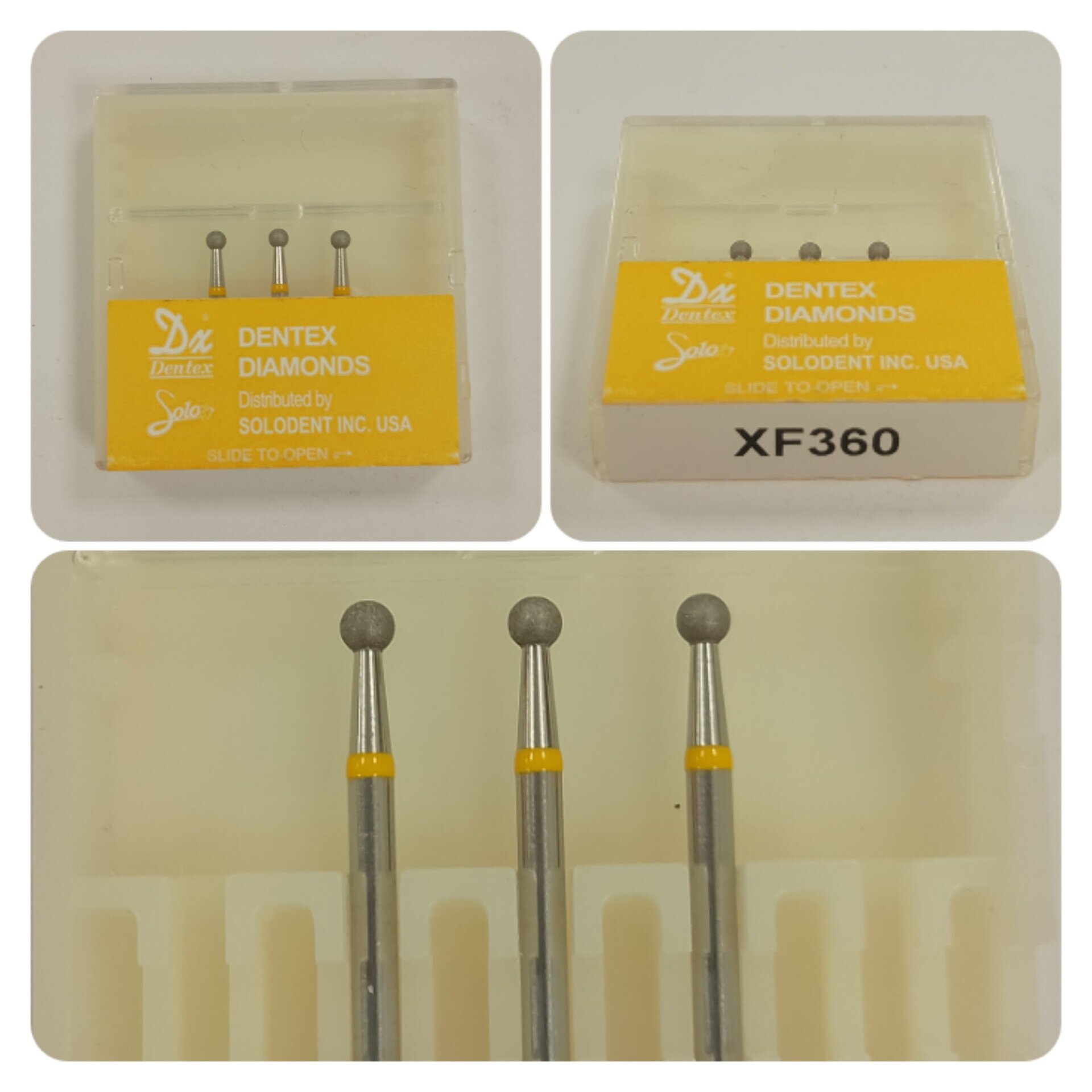 Боры стоматологические алмазные Dentex турбинные XF 360 размер 021 желтая насечка, 3 штуки