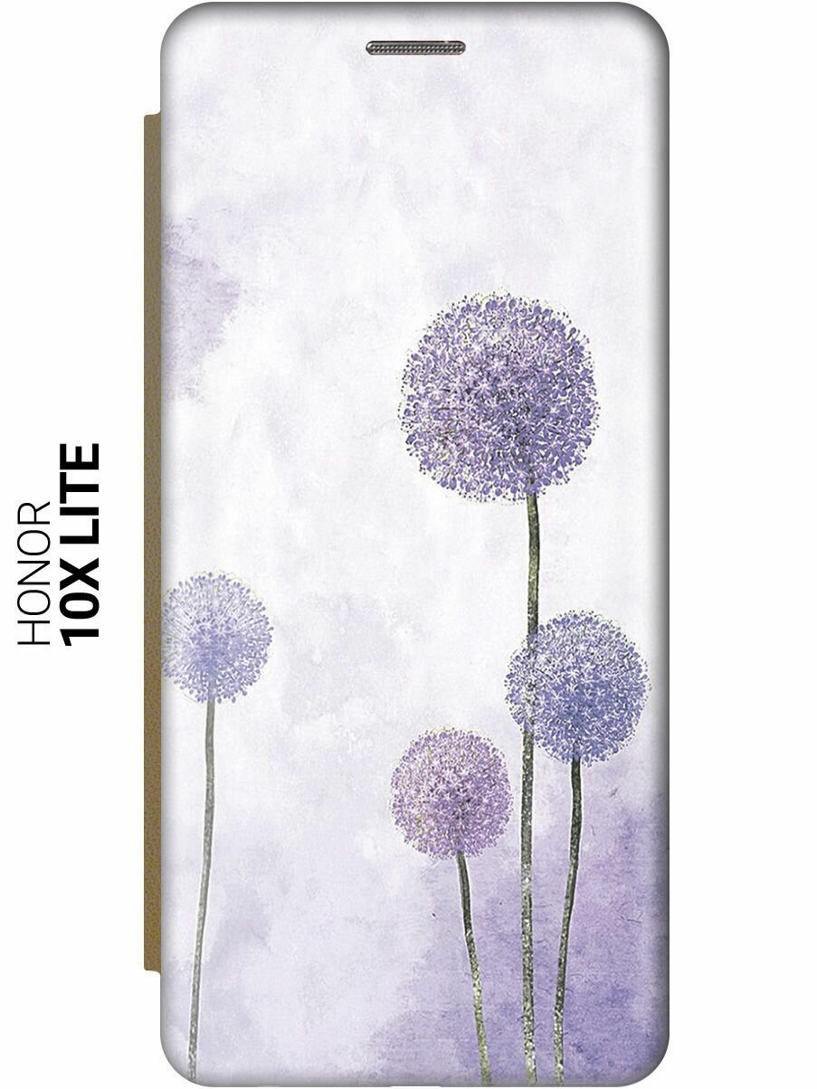 Чехол-книжка на Honor 10x Lite, Хонор 10Х Лайт с 3D принтом "Сиреневые одуванчики" золотой