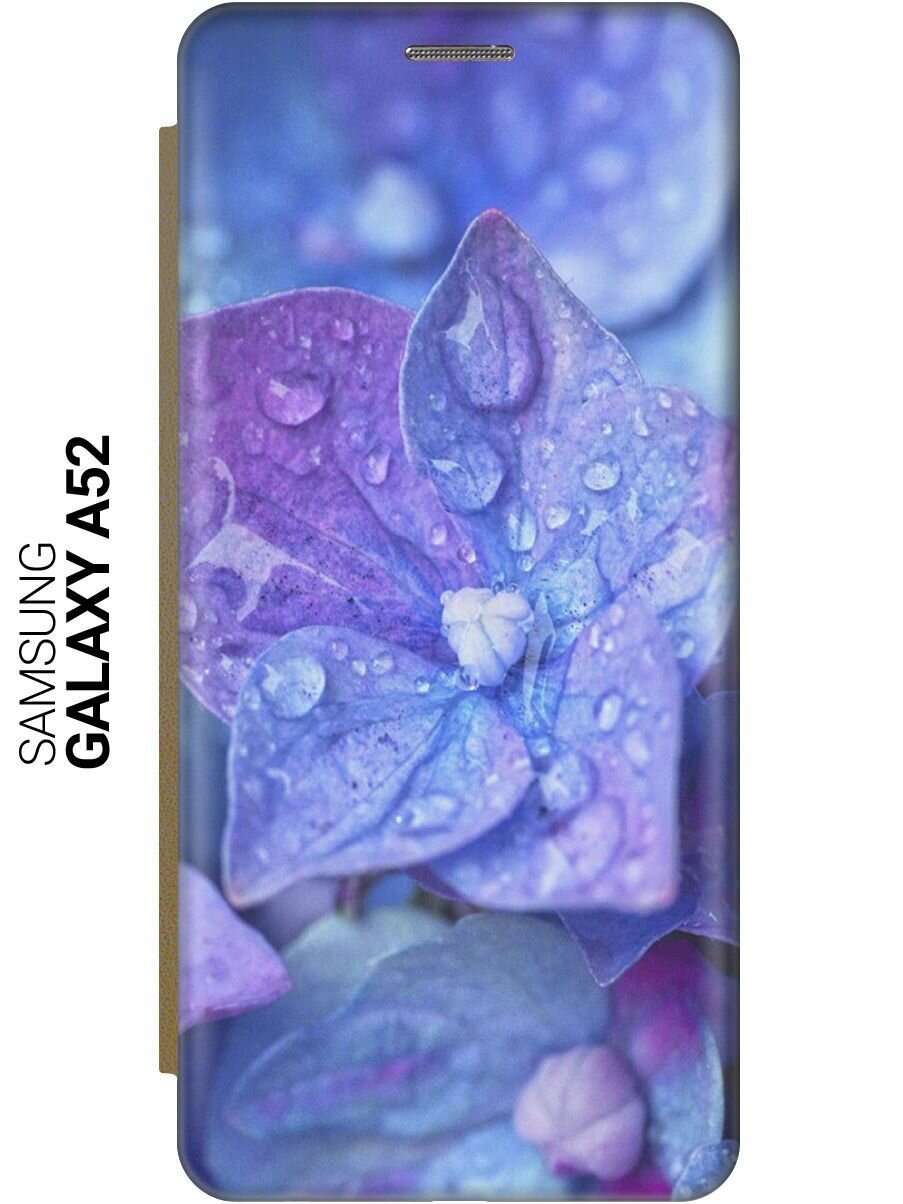Чехол-книжка на Samsung Galaxy A52, Самсунг А52 с 3D принтом "Голубой цветочек" золотой