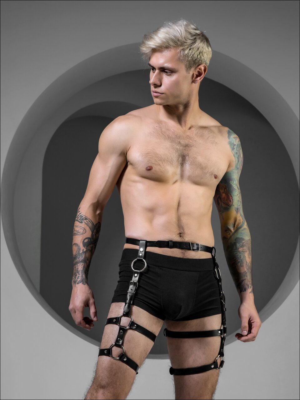 Эротичные мужские гартеры с кольцами и ремнем на поясе - "OSIRIS" (M/L)