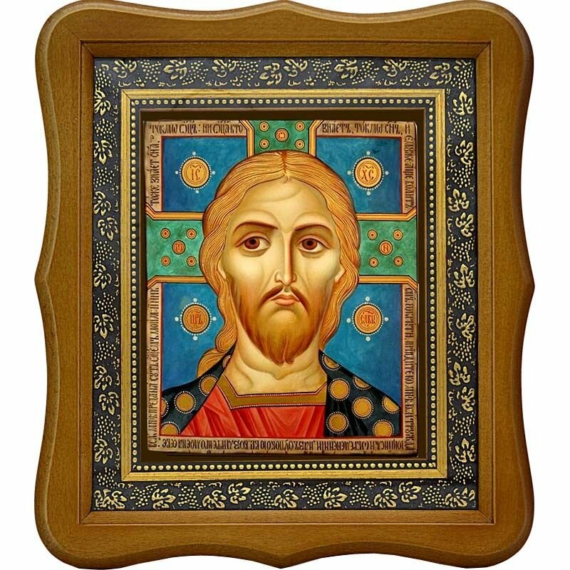 Спас Златые Власы. Икона Иисуса Христа на холсте. (15 х 18 см / В фигурном киоте)