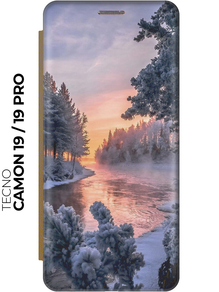 Чехол-книжка на Tecno Camon 19 / 19 Pro / Техно Камон 19 / 19 Про с рисунком "Река в заснеженном лесу" золотой