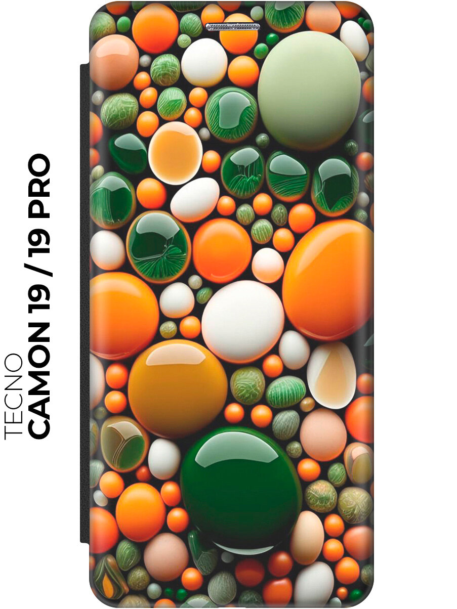 Чехол-книжка на Tecno Camon 19 / 19 Pro / Техно Камон 19 / 19 Про с рисунком "Оранжевые и зеленые камушки" черный