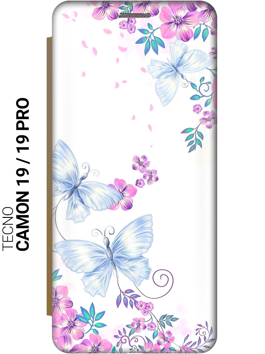 Чехол-книжка на Tecno Camon 19 / 19 Pro / Техно Камон 19 / 19 Про с рисунком "Бабочки и фиалки" золотой