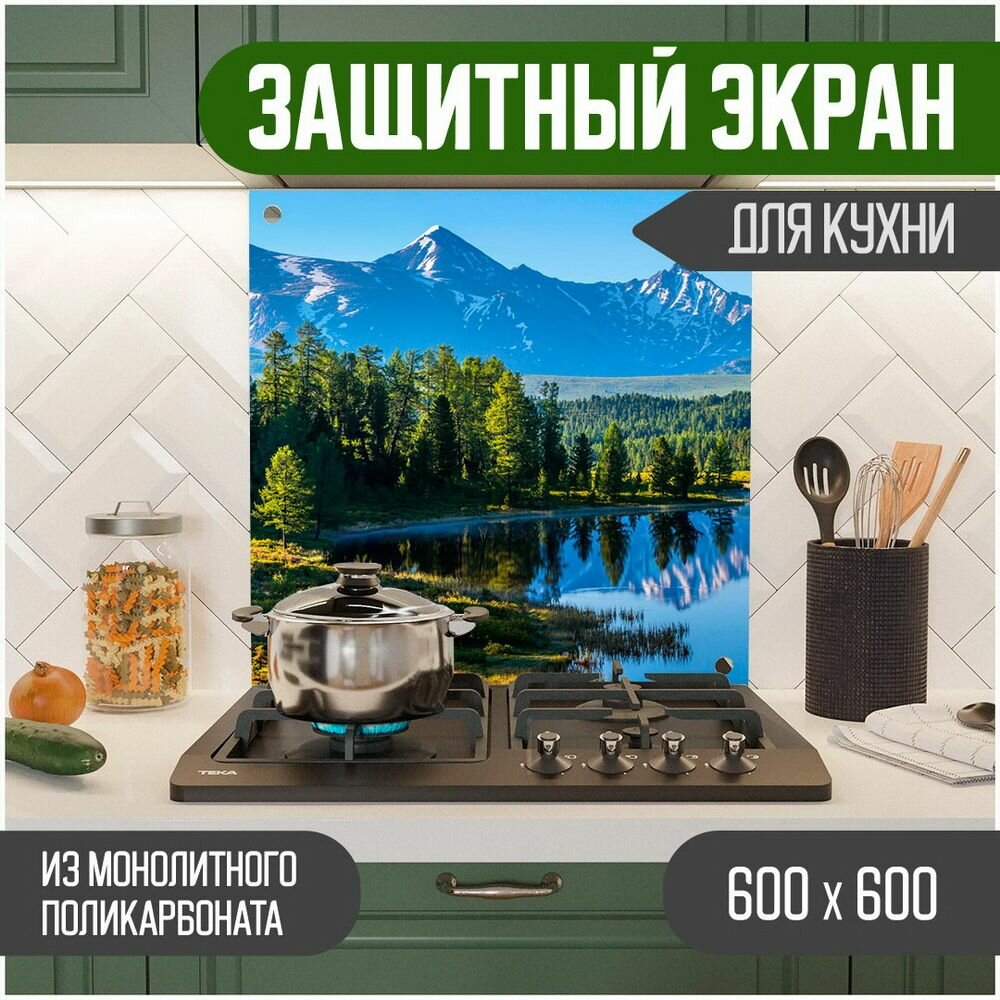 Фартук для кухни, Защитный экран из акрилового стекла (поликарбонат) на кухонный фартук в зону мойки и плиты с фотопечатью. Панель на стену с рисунком Пейзаж 600 х 600 х 3 мм, 600-024