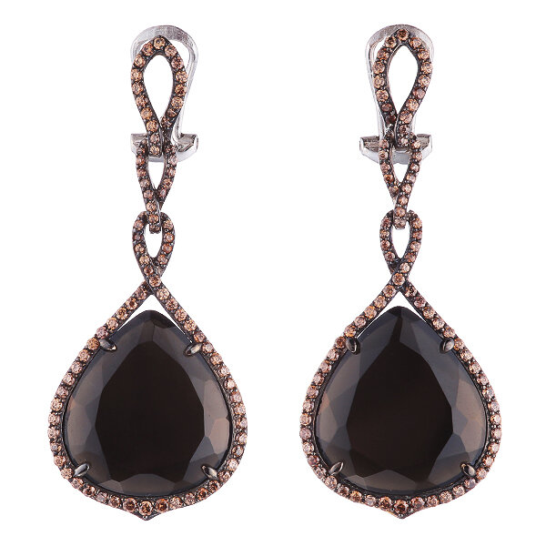 Серьги, серебро, 925 проба, фианит, обсидиан