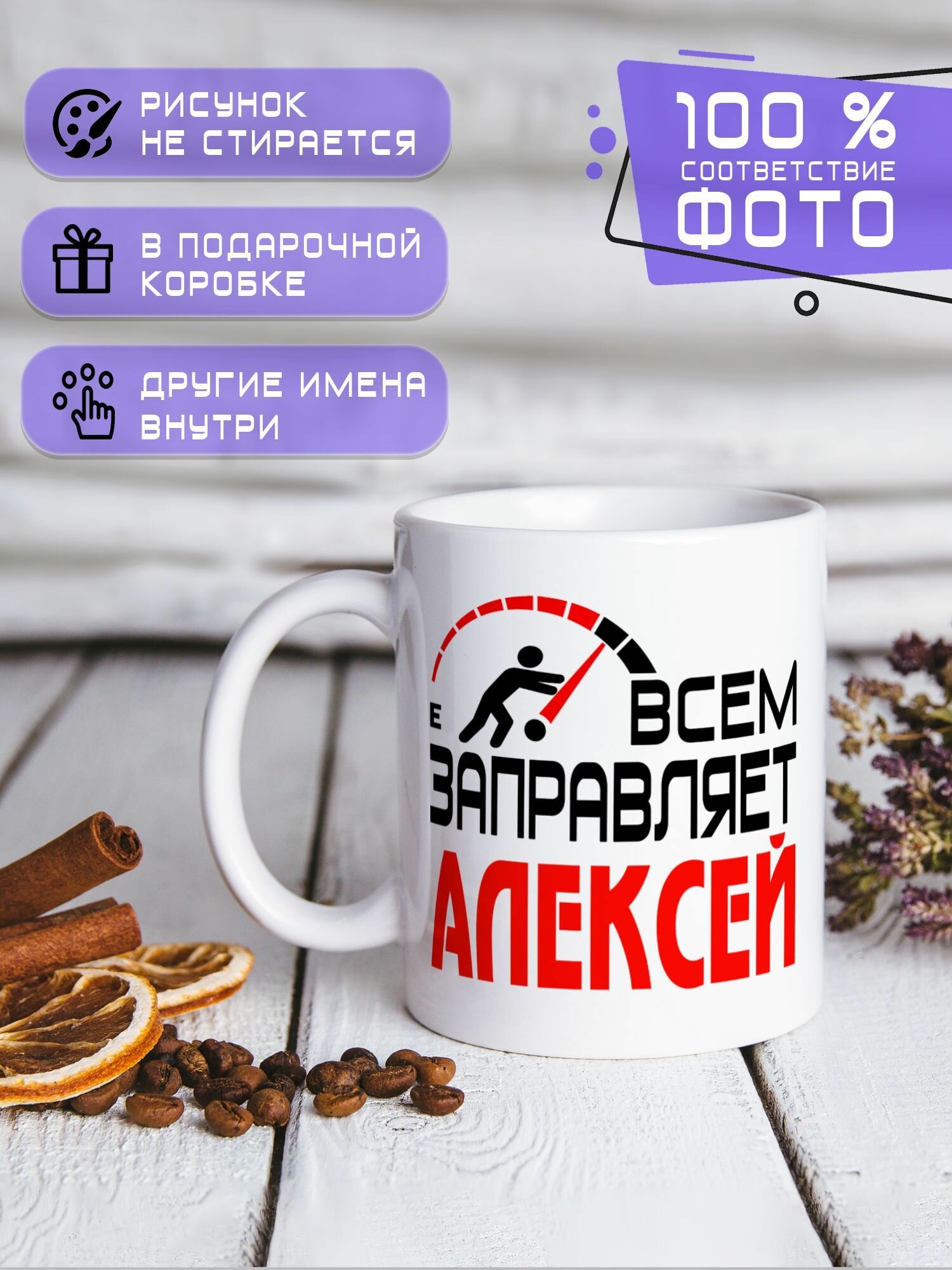 Кружка керамическая подарок на день рождения, именная с принтом "Всем заправляет Алексей"