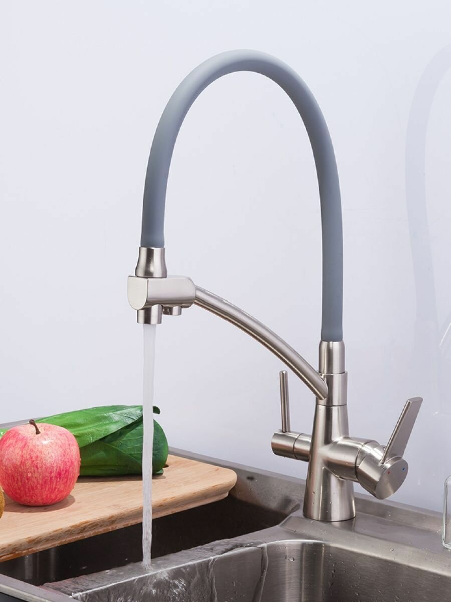 Смеситель для кухни (мойки) Gappo G4398 с подключением фильтра, сатин, серый гибкий излив