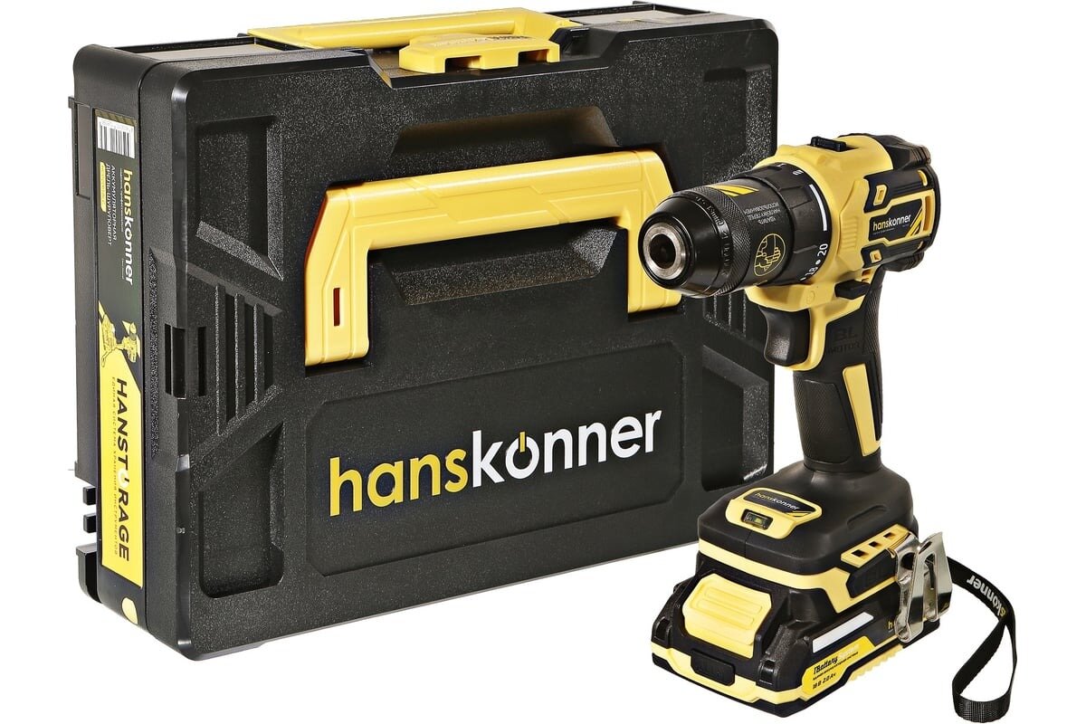 Дрель-шуруповерт аккумуляторная Hanskonner HCD2065BLC бесщеточная 18В, 2 акк x 2Ач 1BatterySystem, 65Нм, кейс HS