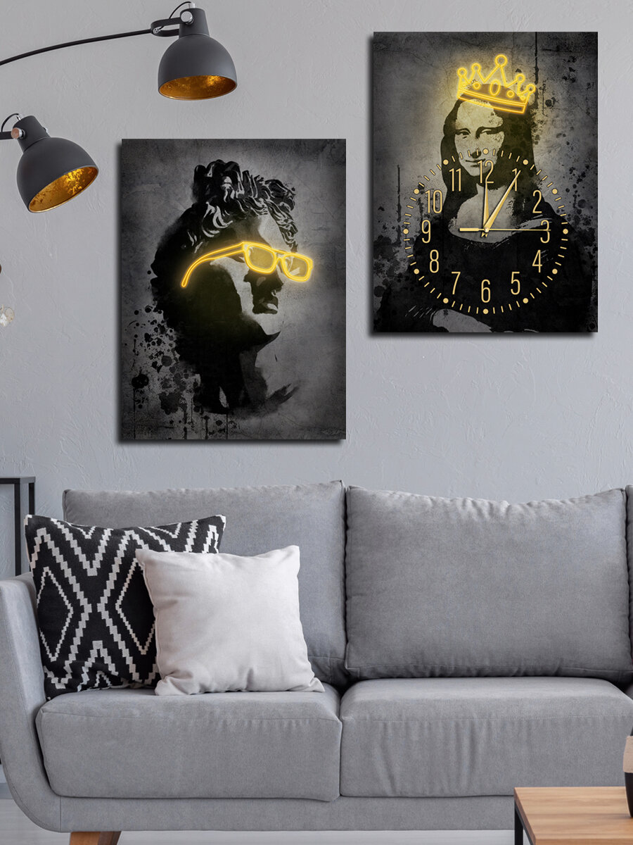 Картины - часы настенные на холсте LOFTime 2 шт желтый неон Ч-532-3040