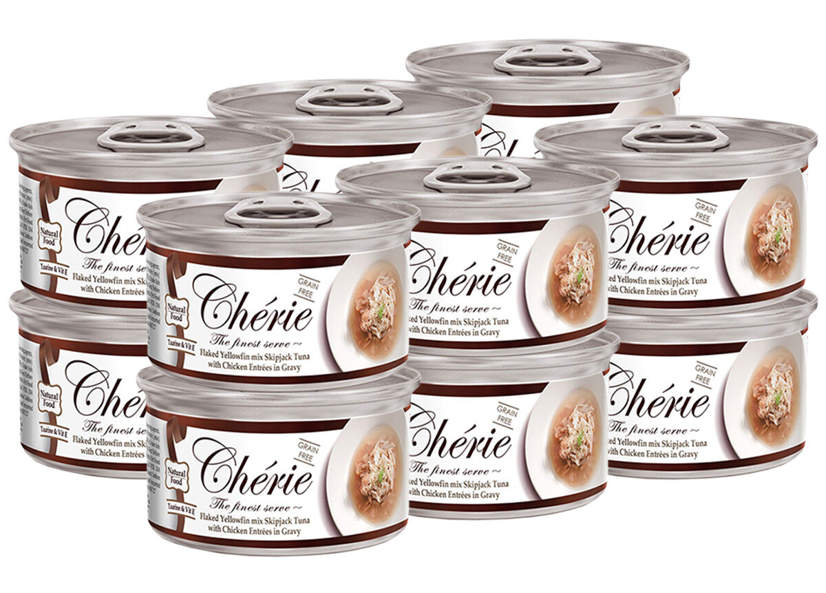 Влажный корм Pettric Cherie Grain Free Tuna & Chicken беззерновые для взрослых кошек с тунцом и курицей в подливе банка, 80 гр х 12 шт