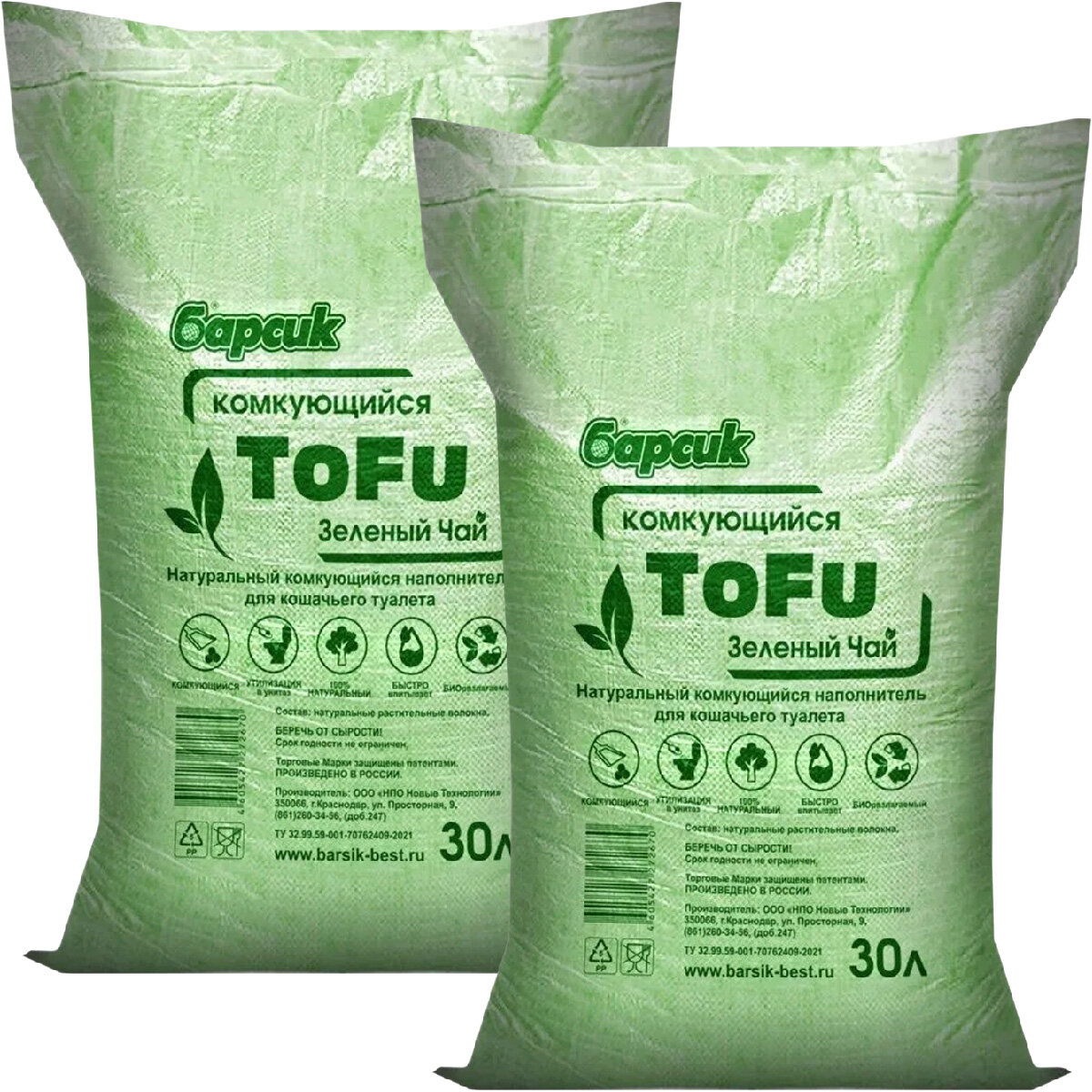 БАРСИК TOFU ЗЕЛЁНЫЙ ЧАЙ наполнитель комкующийся для туалета кошек 30 + 30 л