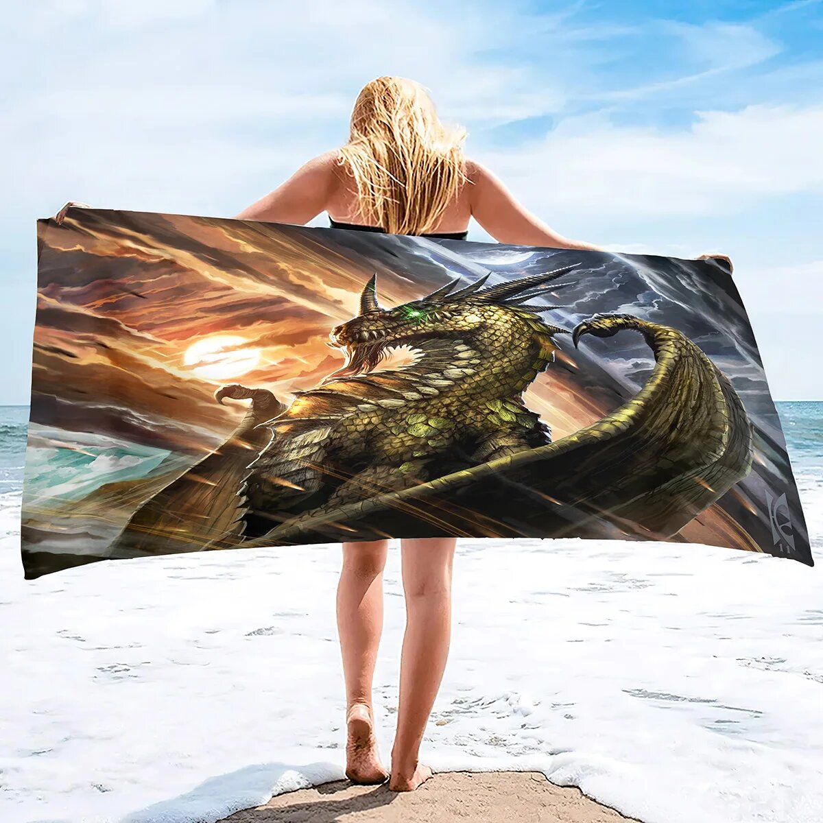 Большое пляжное полотенце из микрофибры с принтом дракона H35xW70cm, 7