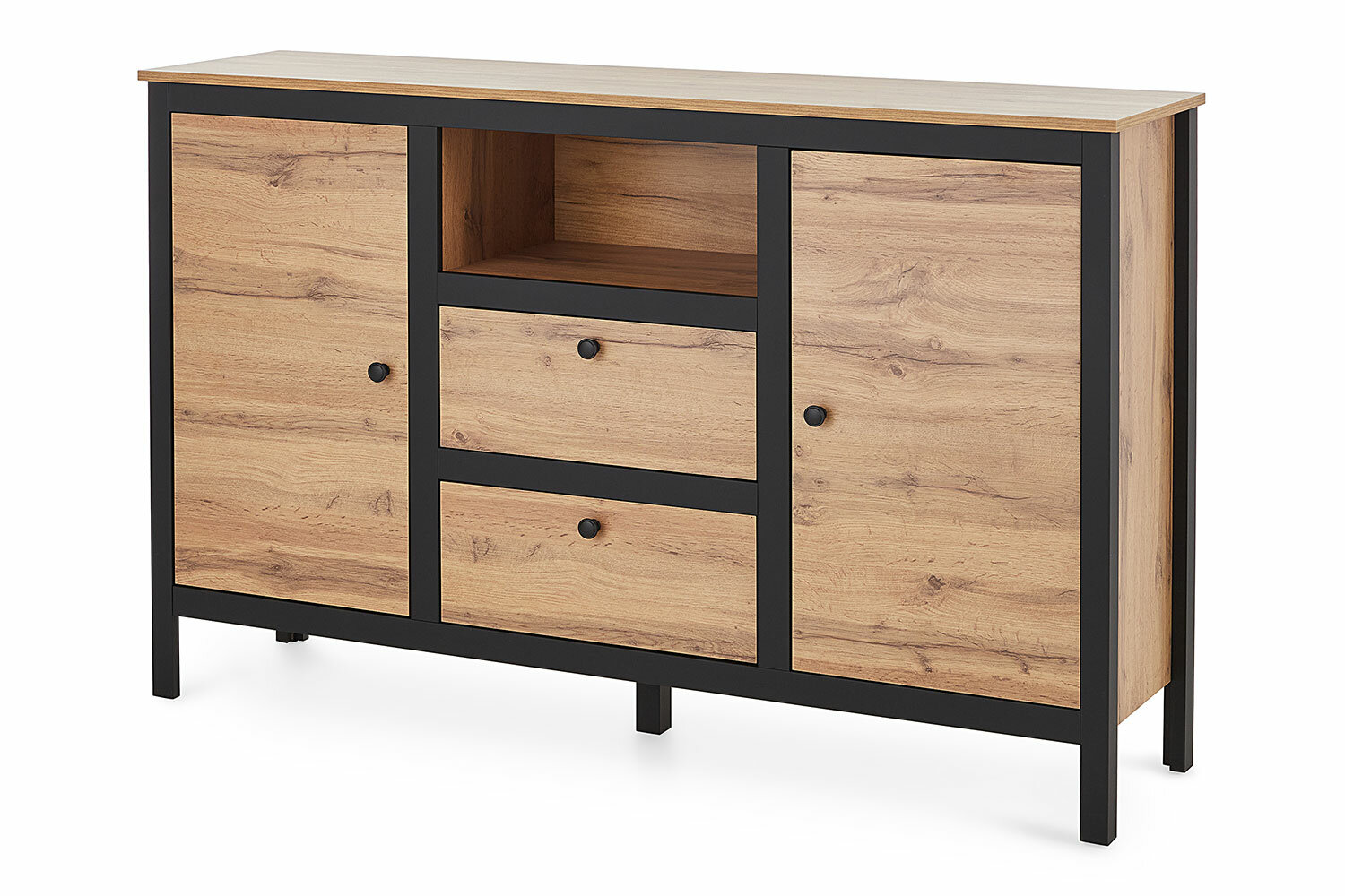 Тумба напольная Hoff Loft, 150х98,5х38,5 см, для гостиной, 2 ящика, ниша, 2 дверцы, матовый фасад, ЛДСП/МДФ, цвет дуб Вотан, чёрный