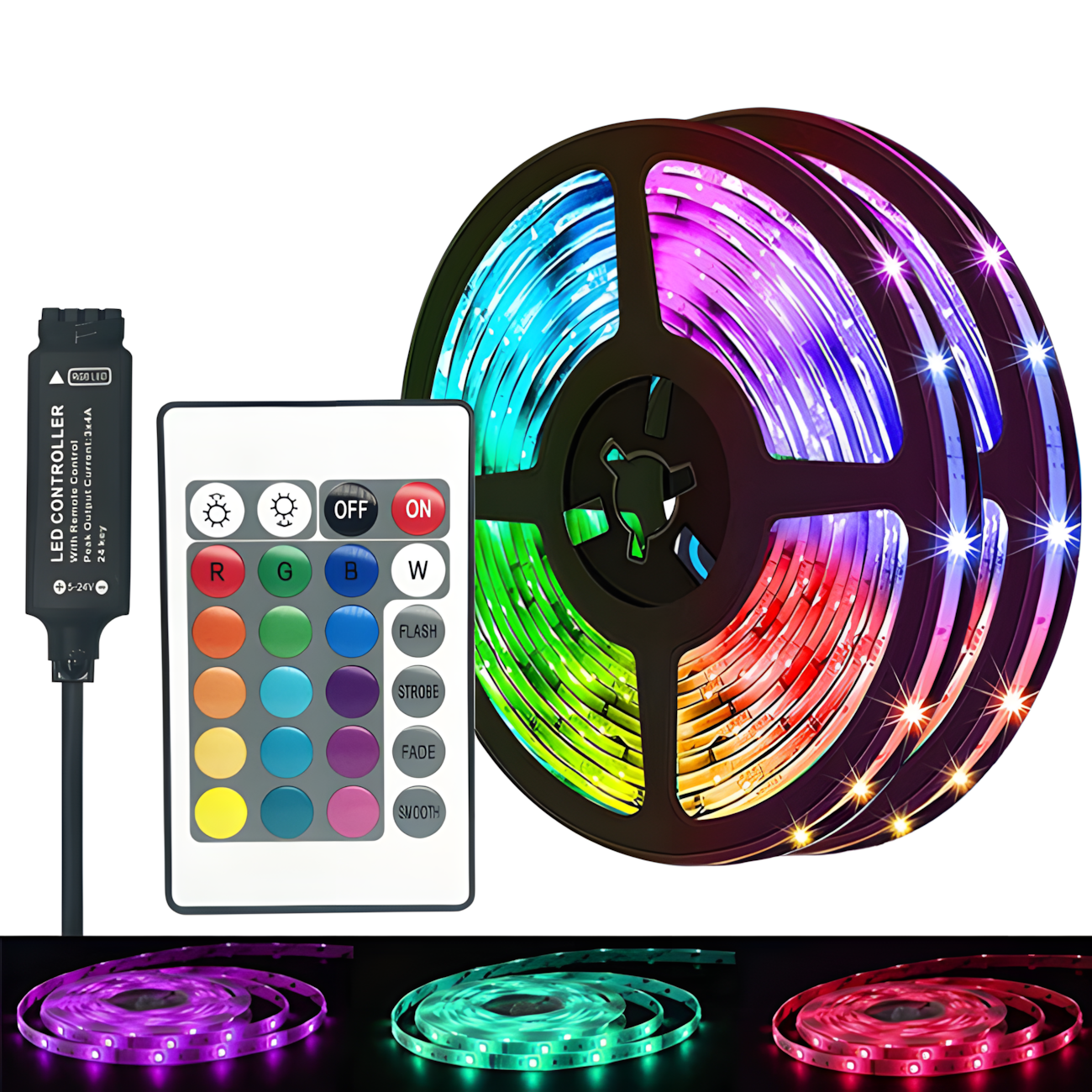 Светодиодная лента 5050RGB, 20 м, с пультом управления на 24 кнопки, 12 светодиодов на метр
