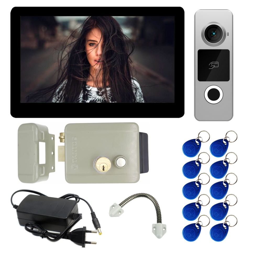 Видеодомофон Tantos NEO HD SE Tuya WiFi (черный) комплект с электромеханическим замком на калитку / iLexa HD EM никель