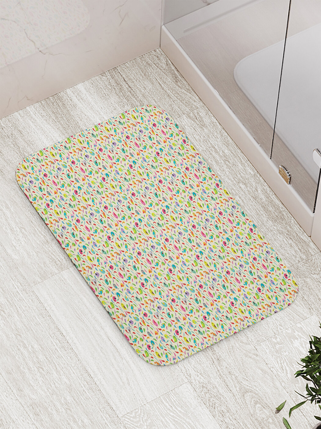 Коврик для ванной комнаты, туалета "Перья разноцветных пернатых" противоскользящий, 52х77 см, JoyArty