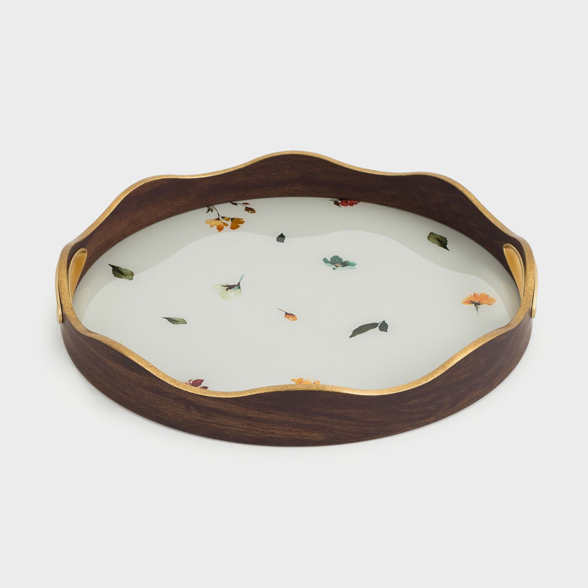 Поднос, 34 см, пластик/стекло, круглый, золотистый, Цветы, Generic flowers, Kuchenland