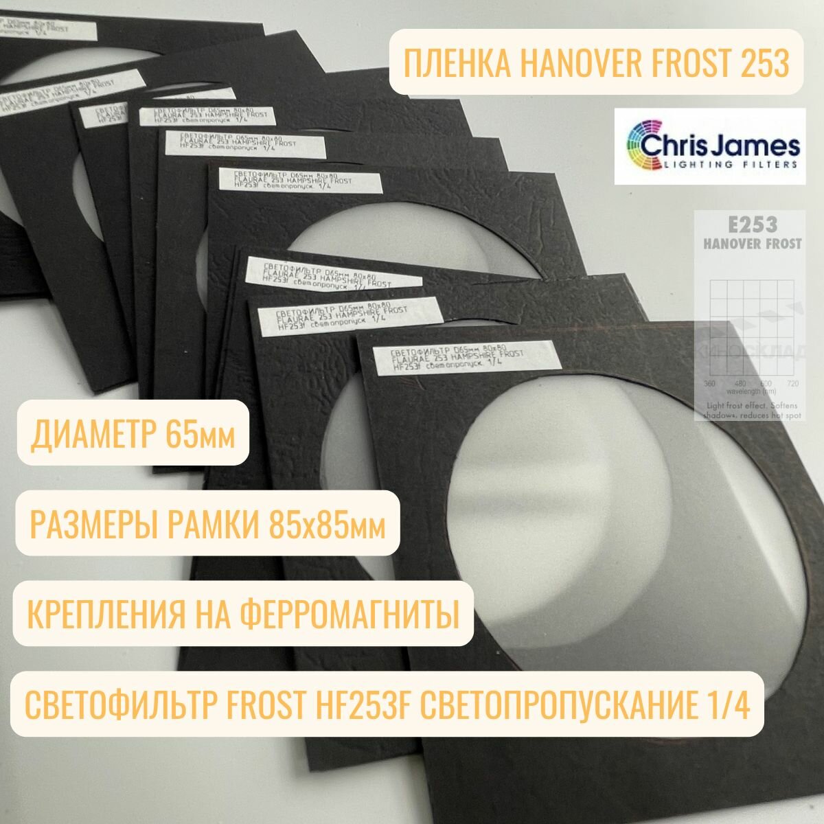 Светофильтр диффузионный пленочный D65мм 80х80мм FLAURAE 253 HANOVER FROST HF253f светопропускание 1/4