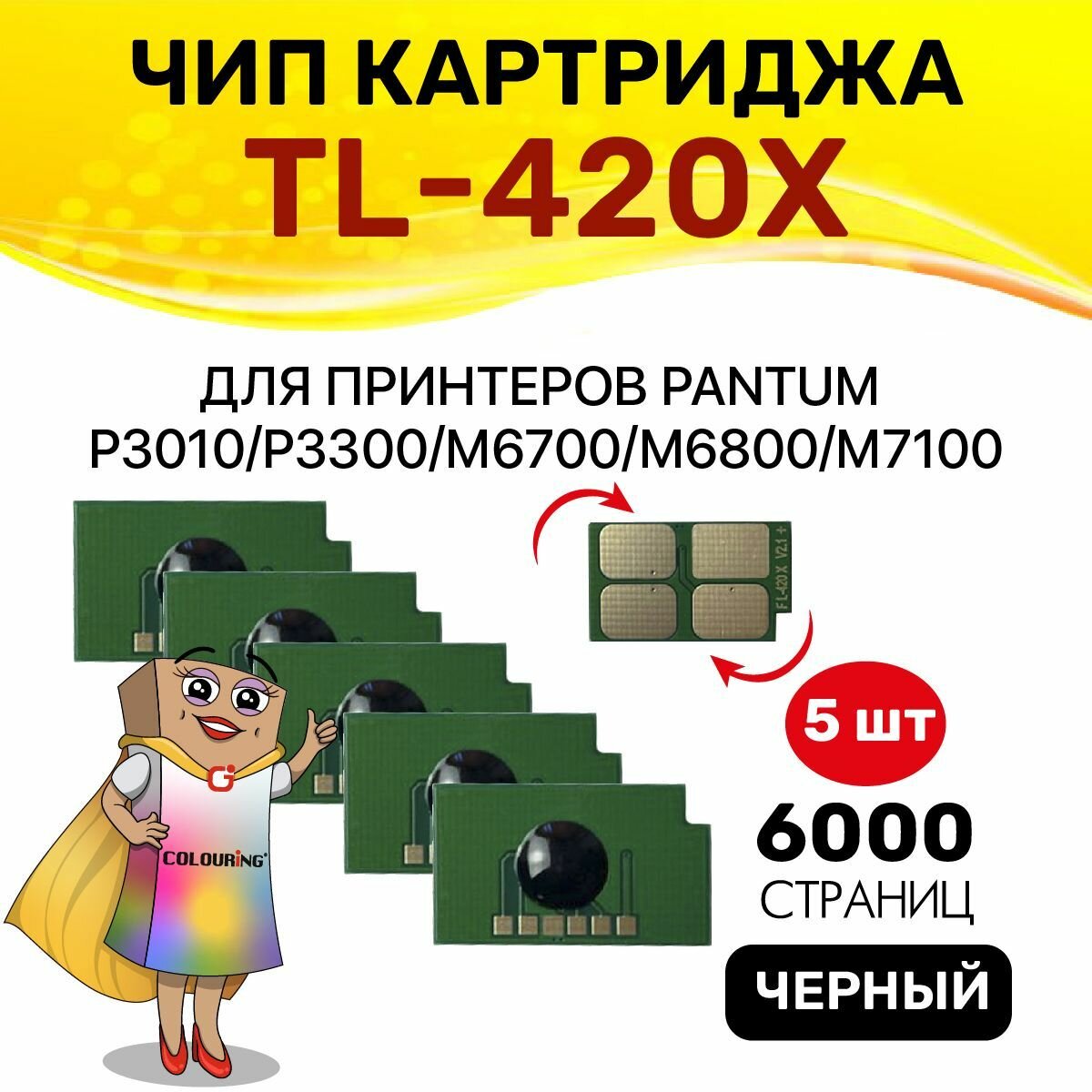 Чип Colouring для лазерного принтера Pantum TL-420X 6K, 5шт.