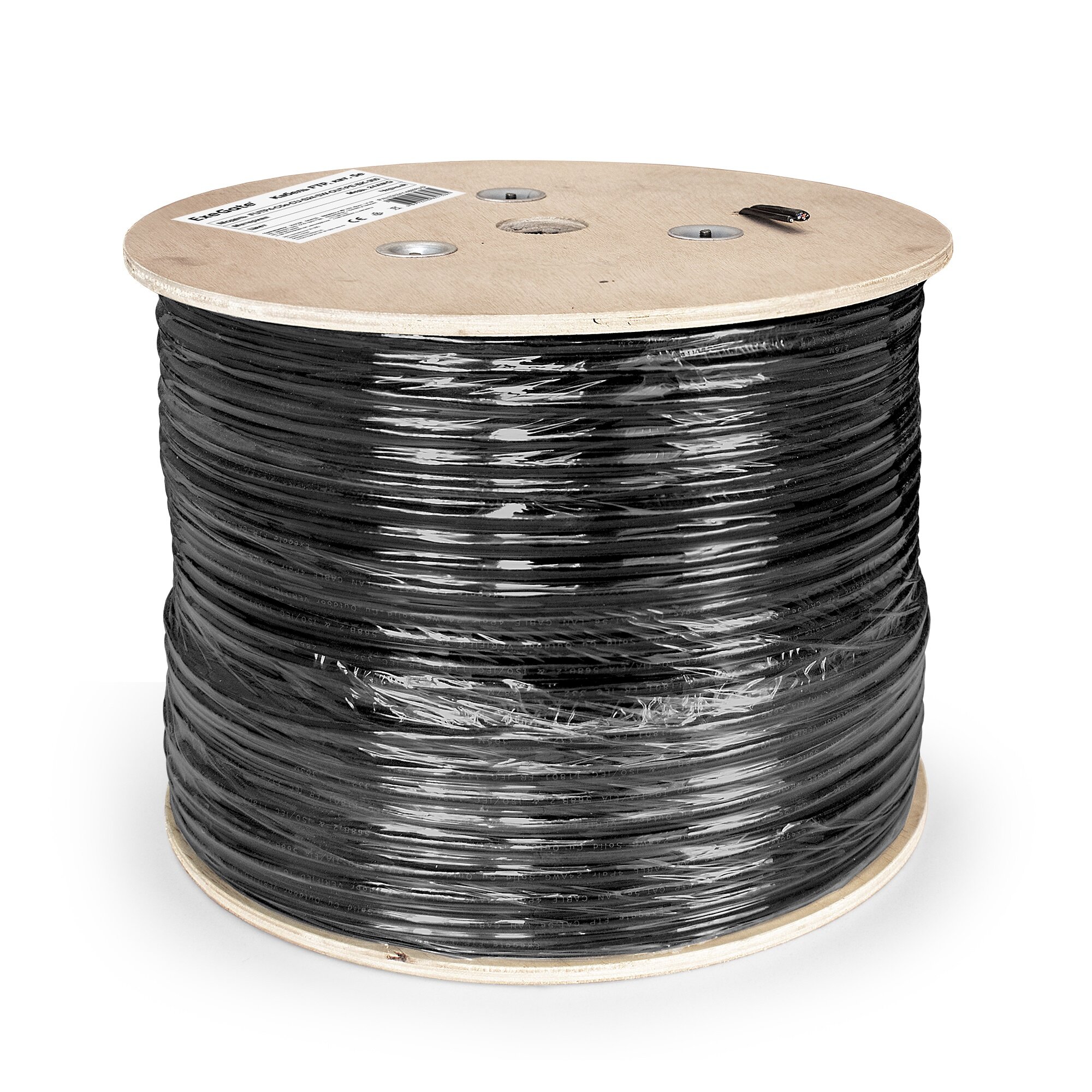 Кабель ExeGate FUTP4-C5e-CU-S24-SW-OUT-PE-BK-305-FLUKE FTP 4 пары кат.5e медь, 24AWG, FLUKE® test pass, экран, внешн, с тросом, катушка 305м, черн, PE EX241488RUS
