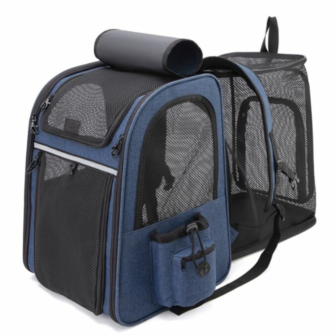 Большой рюкзак-переноска для кошек и собак размером 45х35х30 см, синий.