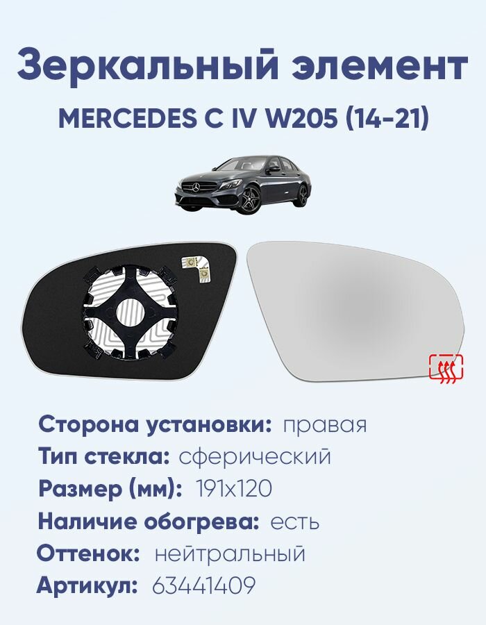 Зеркальный элемент правый MERCEDES C IV W205 (14-21) сфера нейтральный с обогревом