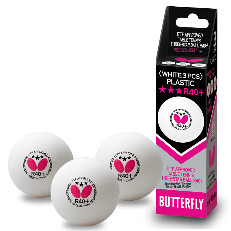 Butterfly Three-Star Table Tennis Balls, 3-Pack, Competition Balls for Ping Pong Matches, R40+/A40+, White