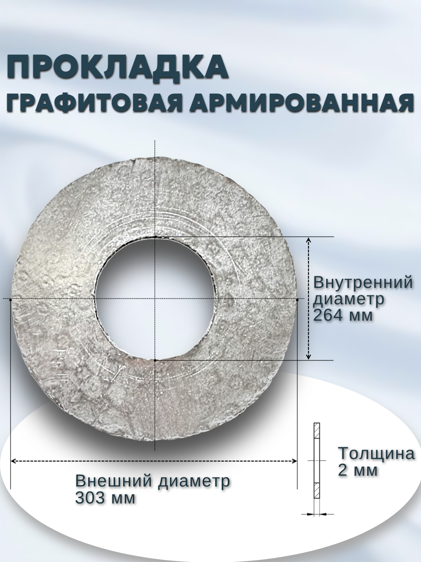 Уплотнение (прокладка) графит армированный Б-250-1,0(2,5-6,3); 303х264х2мм, Ду 250, ГОСТ 15180-86, 1шт