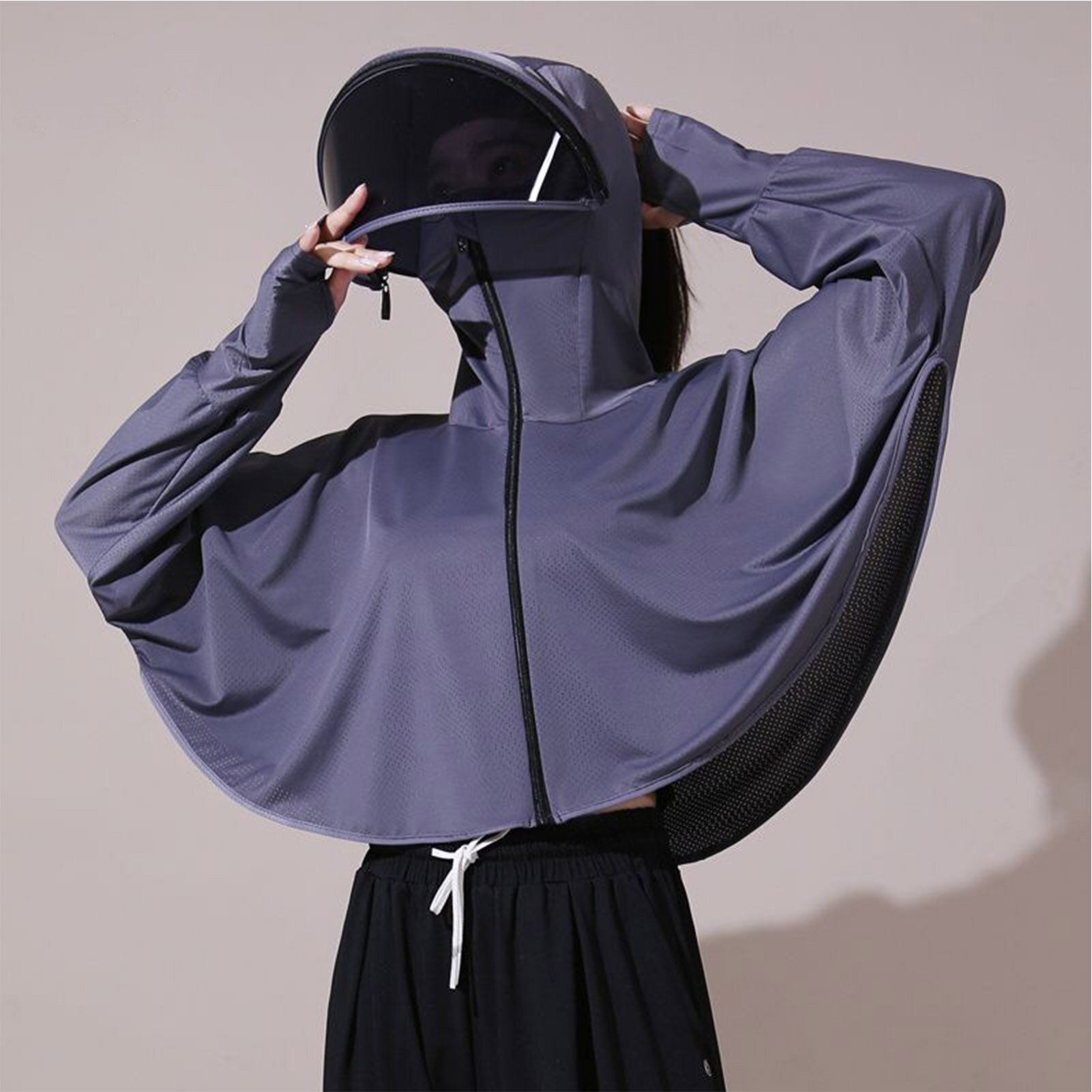 Женская одежда с длинным рукавом и защитой от солнца, летняя, устойчивая к ультрафиолетовому излучению, дышащая, велосипедная толстовка с капюшоном, солнцезащитный чехол Ice Silk, тонкий плащ, размер L, темно-серый