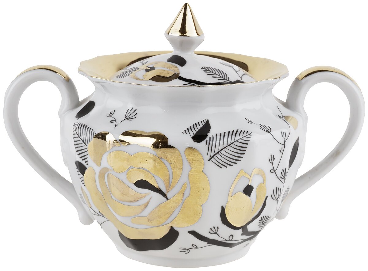 Сахарница с крышкой "Золотая роза", фарфор, винтаж, Вербилки, СССР, 1965 - 1991 гг.